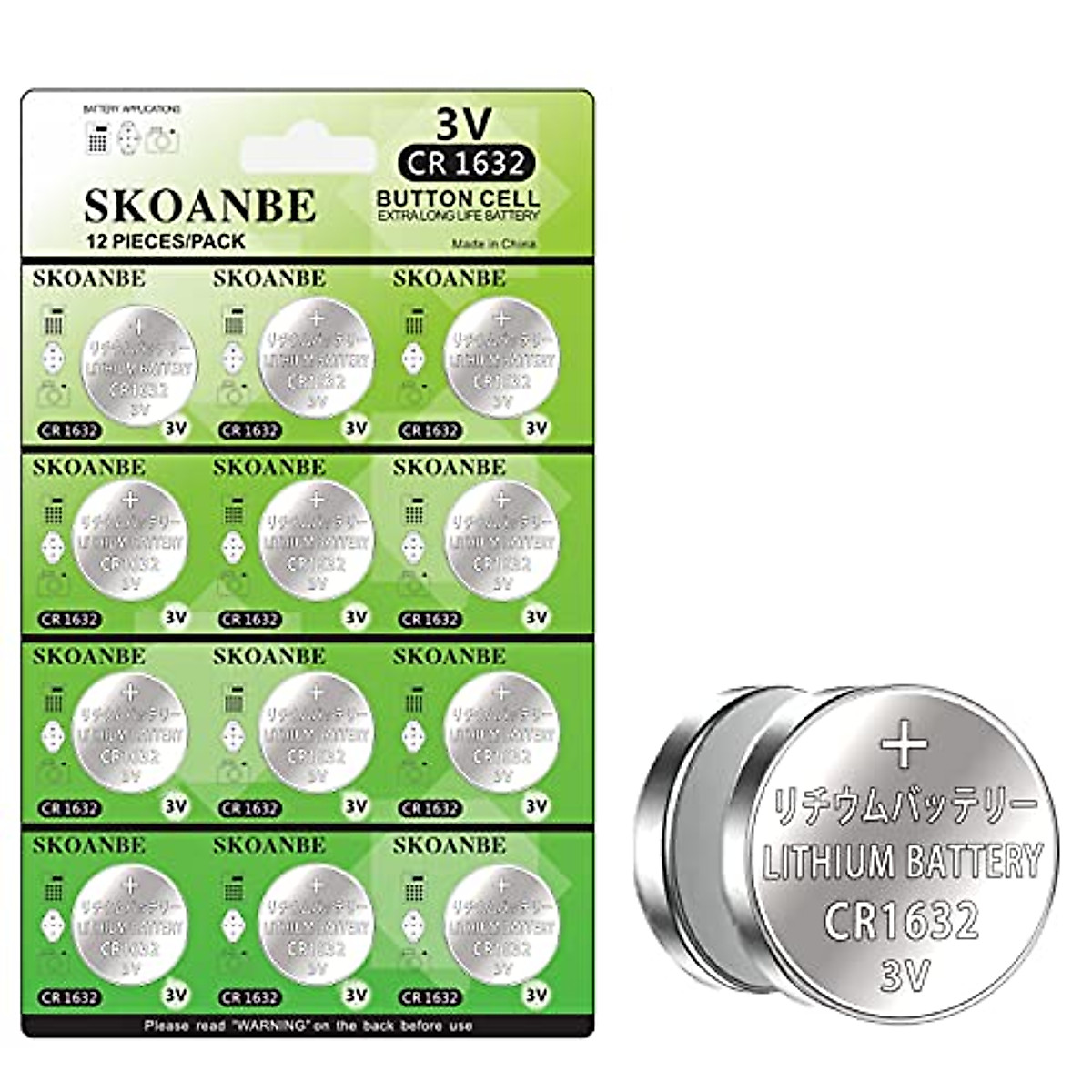 SKOANBE 12PCS 3V CR1632 Lithium Button Coin Cell 1632 Battery
