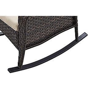 Rilyson Rocking Chair Outdoor，Patio Wicker Rocker Chair Porch Lawn Rocking Chair Deep Seating with Cushion (Brown/Beige)