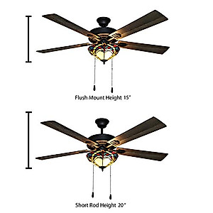 RIVER OF GOODS Tiffany-Style Stained Glass Ceiling Fan - 52" L x 52" W - Distressed Light and Dark Brown Fan Blades