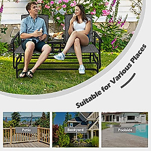 Safstar 2-Person Outdoor Glider, Patio Glider Bench Chairs with Center Tempered Glass Table & Breathable Loveseat, Double Swing Glider Chair for Porch Garden Poolside Balcony Lawn (Gray)