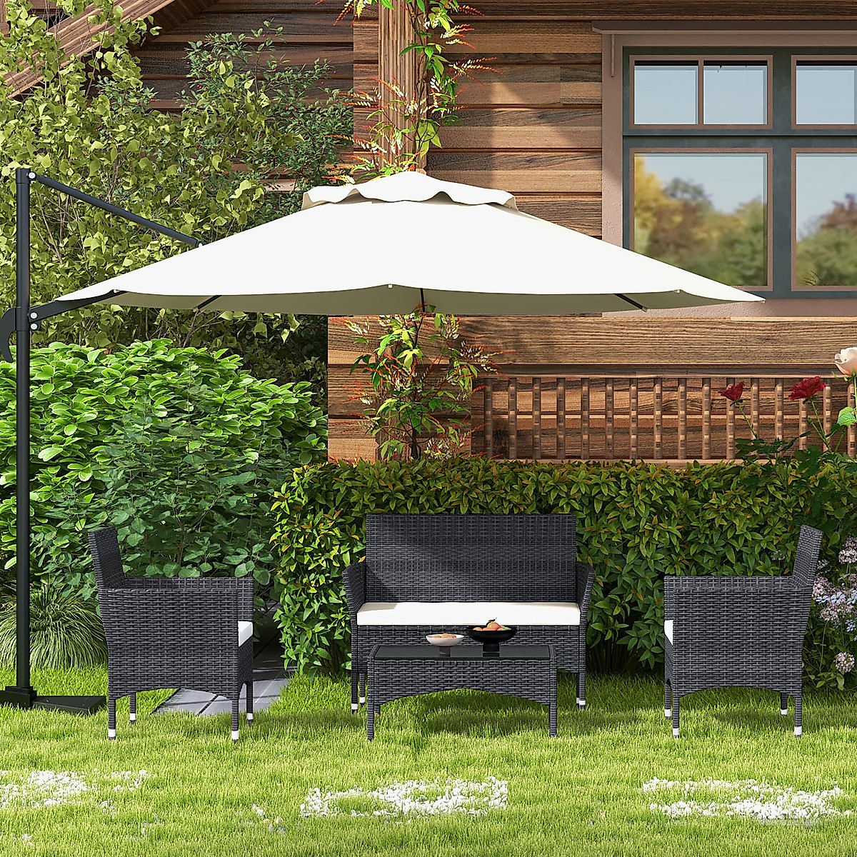 TINKLE WELL Outdoor Patio Furniture Sets, 4 Pieces Rattan Chairs Wicker Conversation Set with Tempered Glass Table, Cushion, for Yard, Garden, Poolside, Porch, Bistro, Balcony