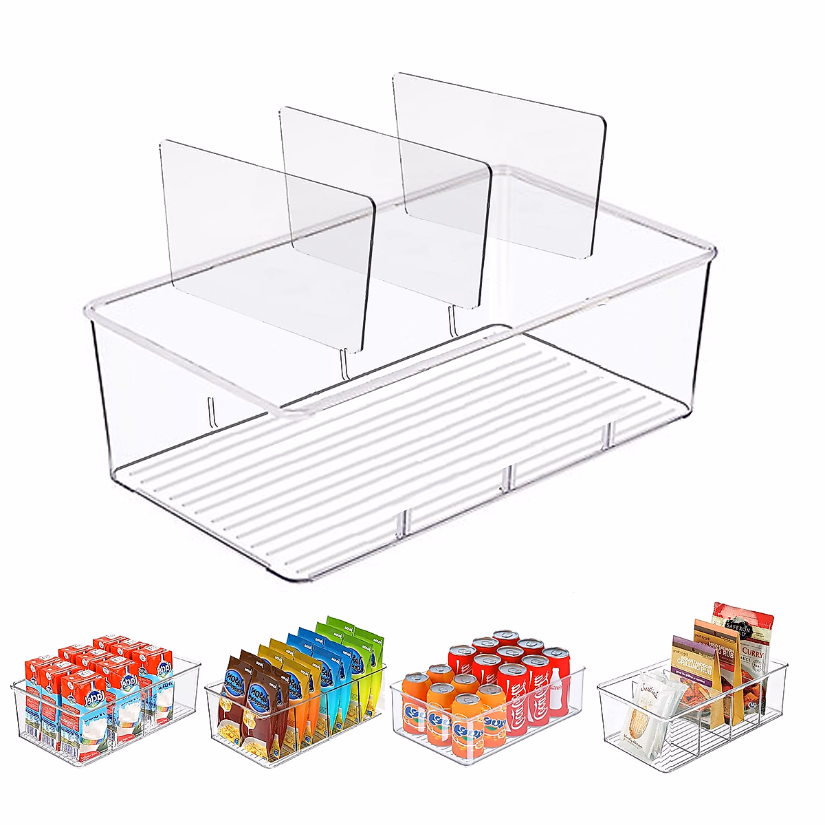 bealy 5 Pack Pantry Organizer and Storage Bins with Removable Dividers, Snack Organizer for Pantry, Chip,Clear Acrylic Food Organizer Bins for Kitchen, Fridge, Cabinet,Packets, Pouches