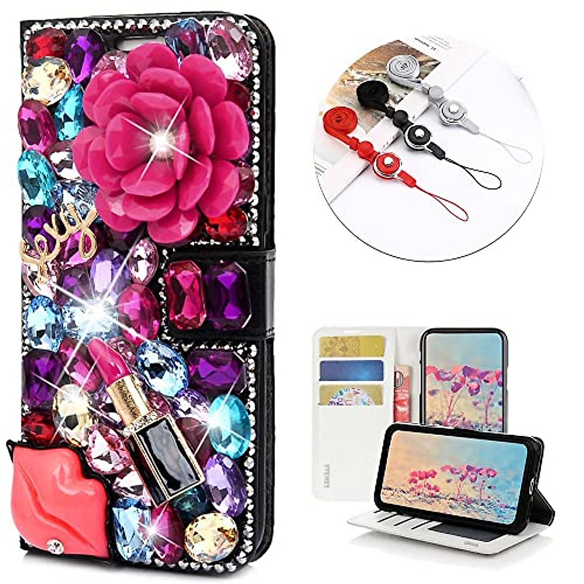 STENES Bling Wallet Phone Case Compatible with Samsung Galaxy Note 10 Plus - Stylish - 3D Handmade Crystal Rose Sexy Lips Lipstick Magnetic Wallet Leather Cover with Neck Strap Lanyard [3 Pack] - Red