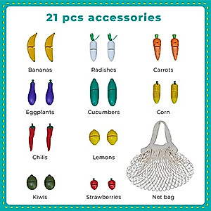 Teamson Kids Little Chef Frankfurt 21 Piece Wooden Pull-Apart Produce Food Set with Fruits and Vegetables Plus Mesh Grocery Shopping Bag, Multicolor , Green