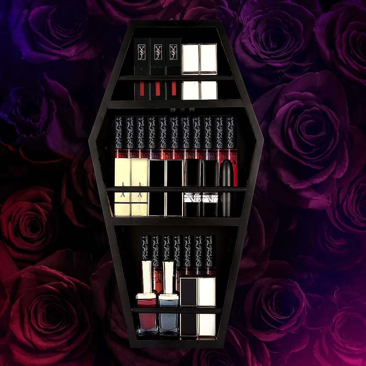 nanayo Makeup Coffin Shelf And Brush Holder – 3 Shelf Makeup Holder for Gothic Decor – Free Standing or Wall Hanging Organizer Spooky Coffin Decor for Bedroom or Bathroom