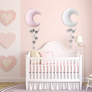 Braceus Wall Backdrop Children Room Hanging Moon Stars Stuffed Decor for Baby Bedroom (Pink + Silver)