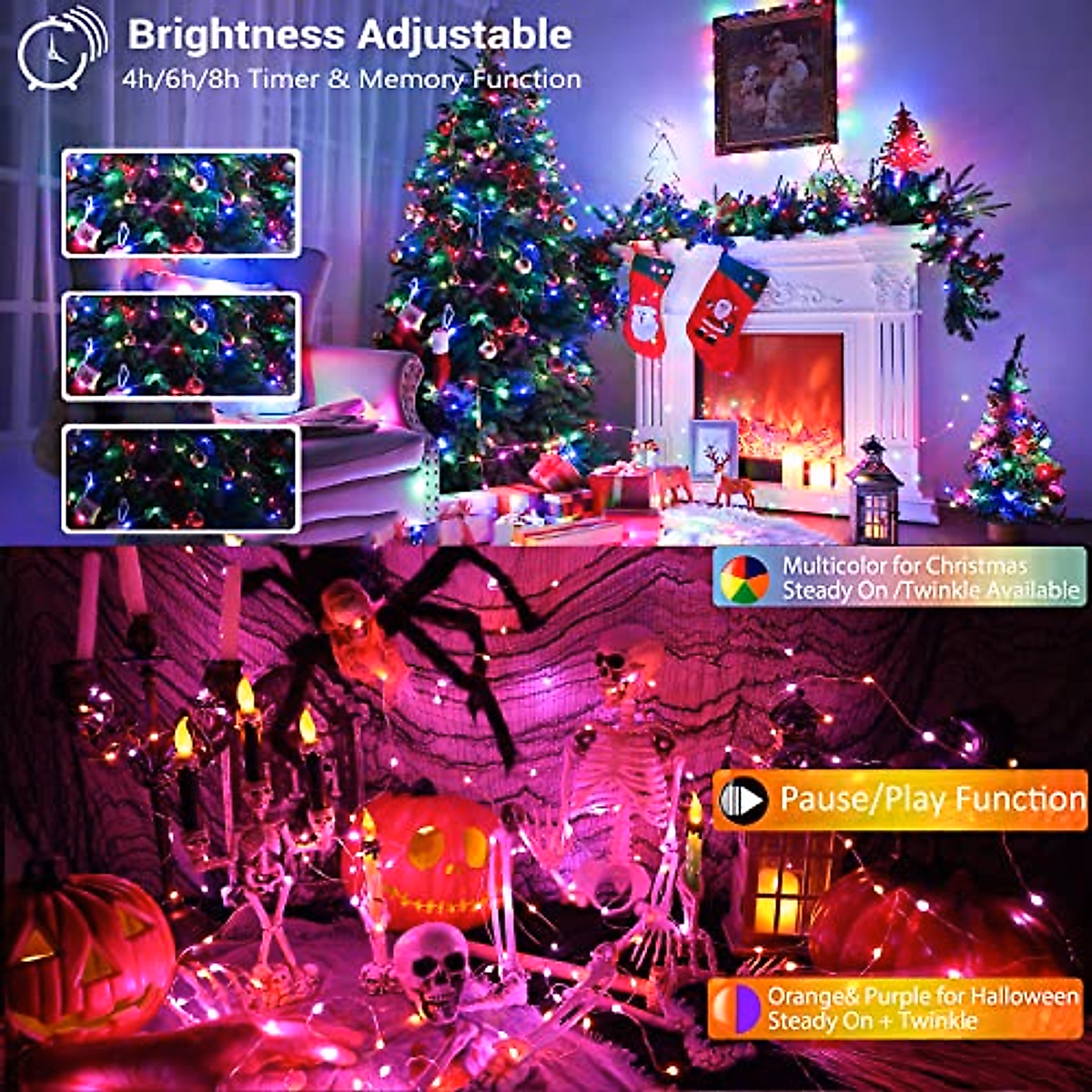 BrizLabs USB Halloween Fairy String Lights, 33ft 100 LED Color Changing Orange Purple Fairy Lights with Remote, USB Powered Multi Colored Xmas Tree Twinkle Light for Halloween Christmas