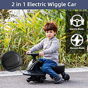 XJD Electric Wiggle Car Ride On Toy, 2 in 1 Wiggle Car Rechargeable Battery with Anti-Rollover Colorful Light-Emitting Wheel for Toddler Ride On Toys 3 Years and Up (Black)
