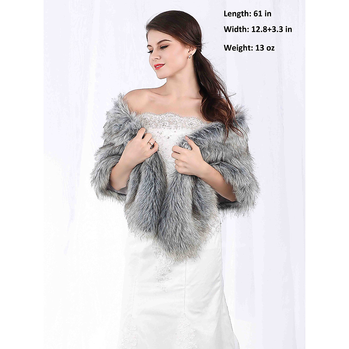 Chicer Wedding Faux Fur Shawl Bridal Faux Fur Shawl Wrap Stole Winter Faux Fur Coat for Bride and Bridesmaids(Grey)