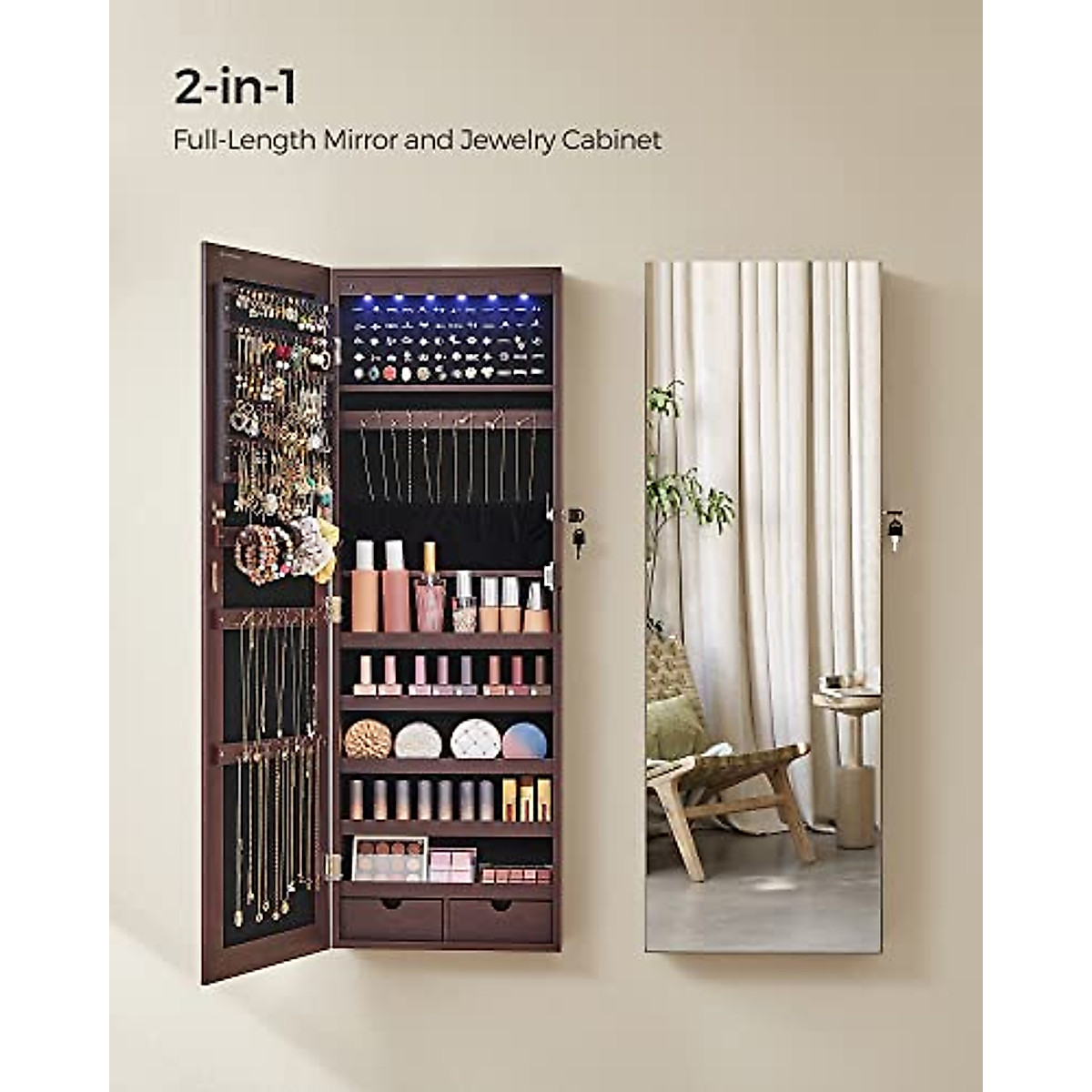 SONGMICS Hanging Jewelry Cabinet, Wall-Mounted Cabinet with LED Interior Lights, Door-Mounted Jewelry Organizer, Full-Length Mirror, Gift Idea, Brown UJJC99BR