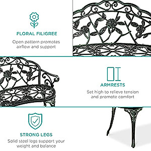 Best Choice Products Outdoor Bench Steel Garden Patio Porch Loveseat Furniture for Lawn, Park, Deck Seating w/Floral Rose Accent, Antique Finish - Black/Green