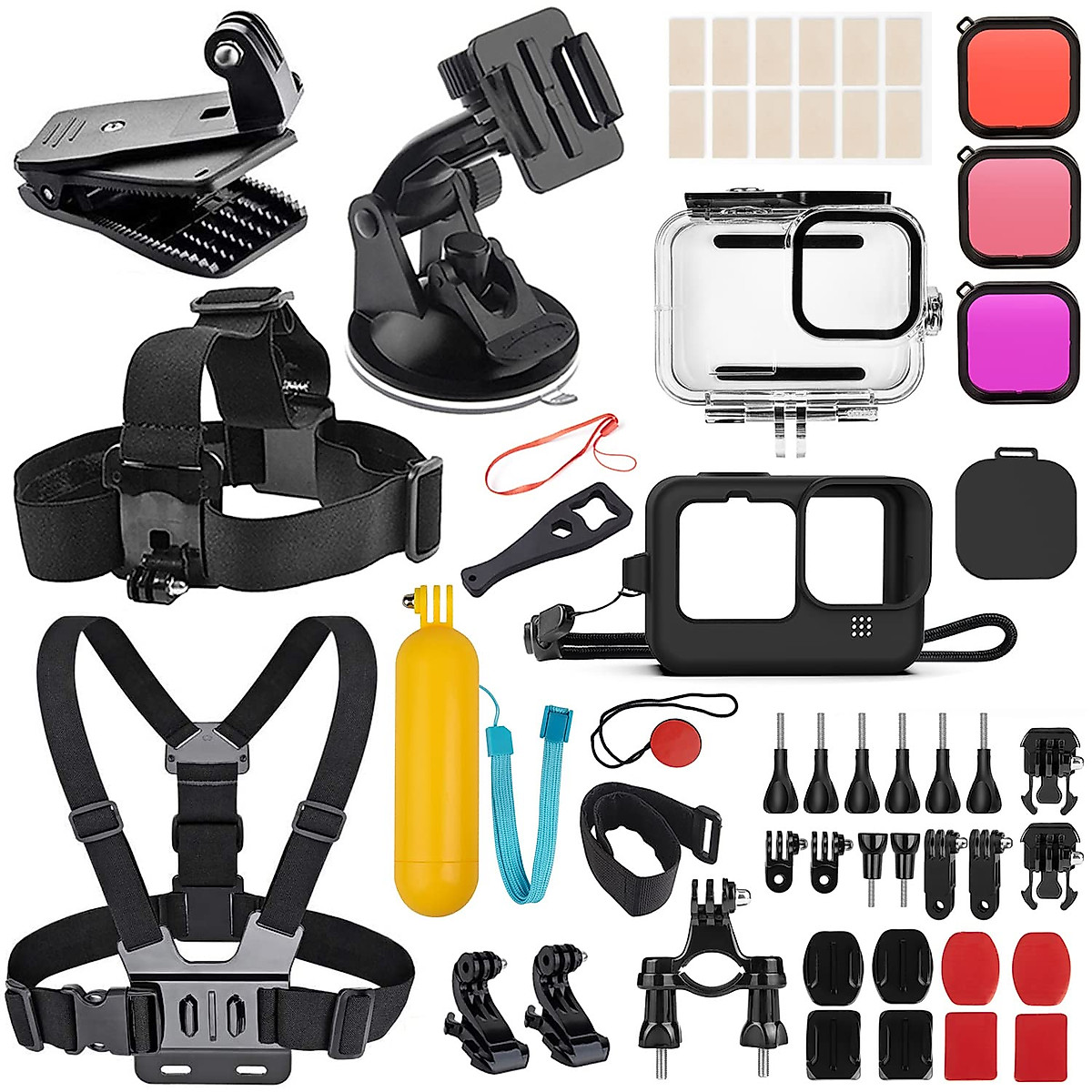 52 in 1 Accessories Kit, Waterproof Case + 3 Filters + Chest/Head/Wrist Strap+ Bike/Backpack Clip + Floating Grip + Rubber Case