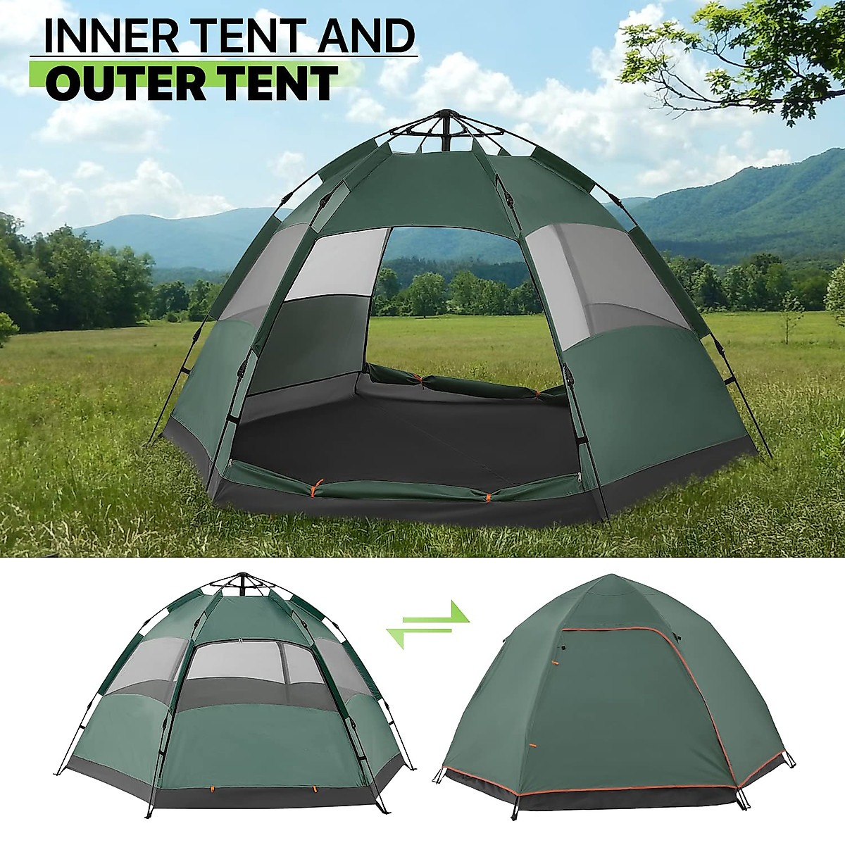 Magshion Camping Lightweight Instant Tent 2 Person Durable Pop Up Indoor Tent Portable Outdoor Backyard Green Tent for Hiking Backpacking, Easy Setup