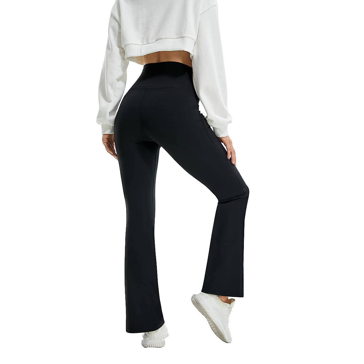 FireSwan Womens Crossover Flare Leggings with Pockets Bootcut High Waisted Yoga Pants Tummy Control Gym Workout Work Pants Black