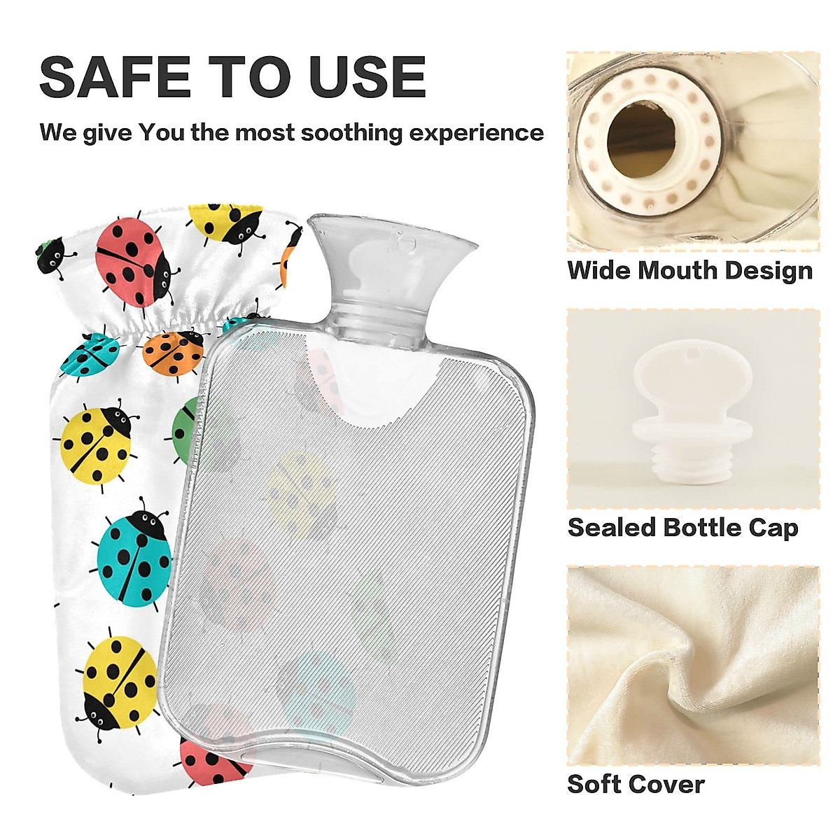 Animal Ladybug Hot Water Bottle with Cover 1L Small Hot Water Bag for Pain Relief Cramps BAP Free