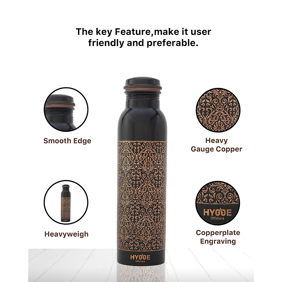 HYGGE Copper Water Bottle - 34 Oz Extra Large - A Antique Engraved Ayurvedic Pure Copper Vessel For Drinking - Drink More Water, Lower Your Sugar Intake And Enjoy The Health Benefits Immediately