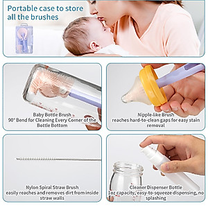 Baby Bottle Brush, VOOWO Portable Travel Bottle Cleaner Kit, Silicone Baby Bottle Cleaner Brush Set with Baby Bottle Brush for Cleaning, Nipple Brush, Straw Cleaner, Bottle Soap Dispenser (Purple)