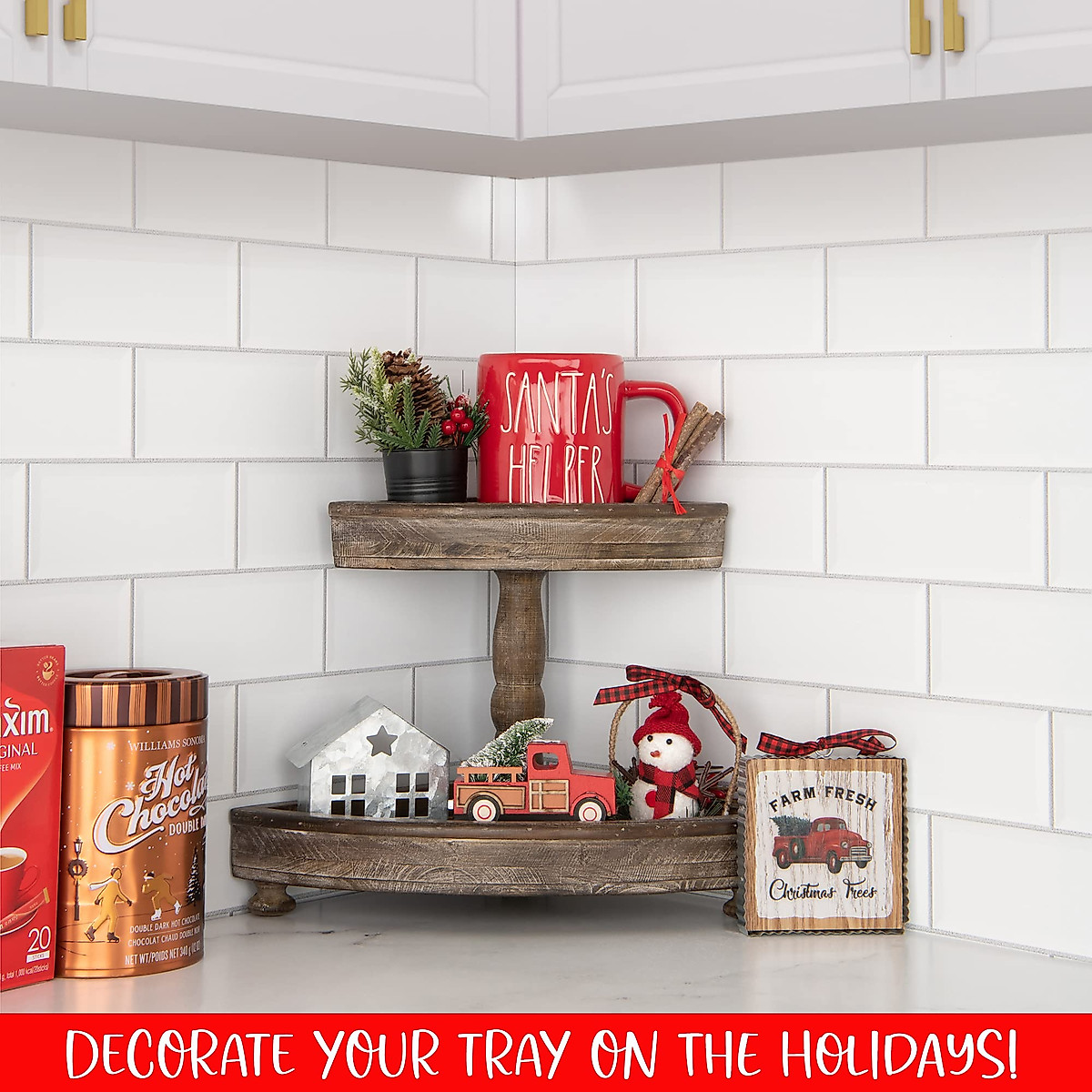 Corner Round Tiered Tray Stand 2 Tier Tray Stand Small Farmhouse Kitchen Decor Coffee Corner Counter Shelf Kitchen Counter Farmhouse Decor Rustic Home Decor Brown Wood Wooden Two Tiered Tray Decor