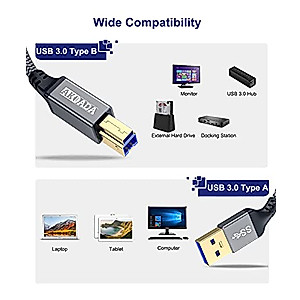 USB A to USB B 3.0 Cable (10FT), AkoaDa Durable Nylon Braided Type A to B Male Cable Compatible with Printers, Monitor, Docking Station, External Hard Drivers, Scanner, USB Hub and More Devices(Grey)