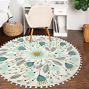 Uphome Round Rug for Bedroom 4' Circle Cute Area Rug with Pom Poms Fringe Floral Plant Washable Throw Rugs Non-Slip Soft Floor Mats for Entryway Laundry Living Room Kids Room Nursery