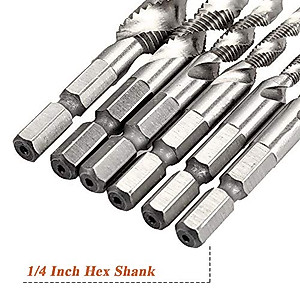 Mesee 6 Pieces Drill Tap Combination Bit Set, 1/4'' Hex Shank HSS Deburr Countersink Bits Spiral Screw Tap Tool Kit - Imperial 1/8 5/32 3/16 1/4 5/16 3/8
