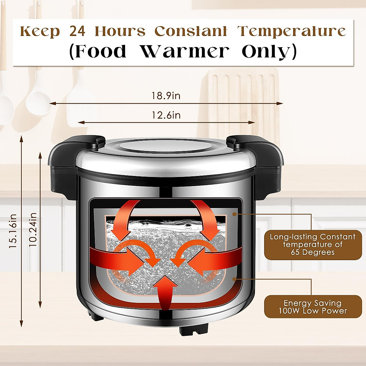SiliFine Commercial Stainless Steel Electric Rice Warmer Food Warm with Rice Spoon Heavy Duty Rice Warmer with Warm Function Only for Restaurant Party (100 Cups Cooked Rice,100W)
