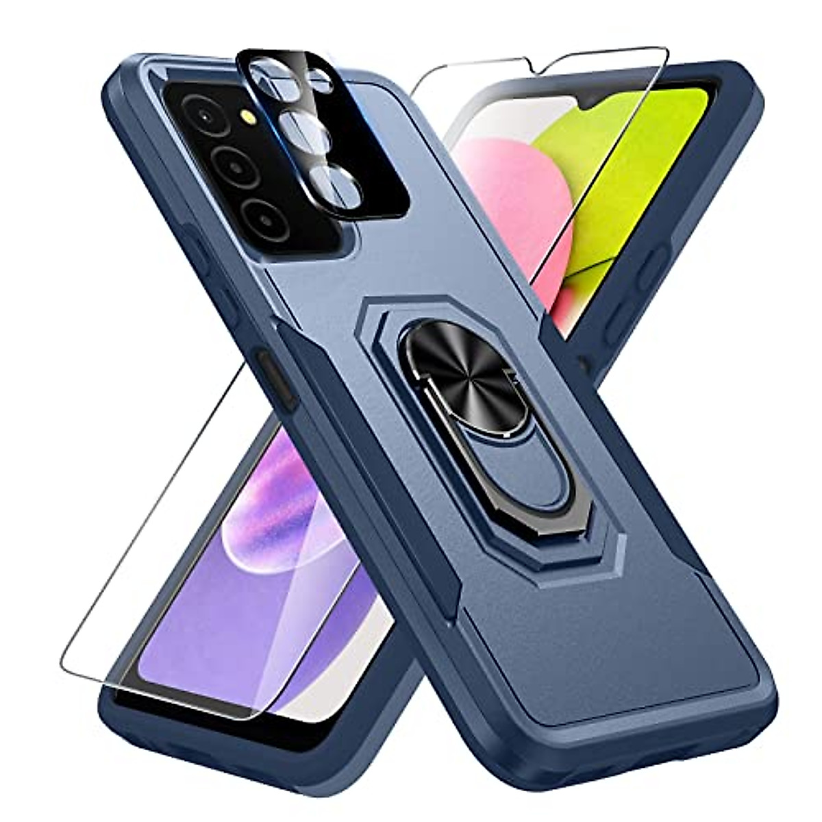 Janmitta Case for Samsung Galaxy A03s with Screen Protector+Camera Lens Protector,Heavy Duty Shockproof Full Body Protective Cover,Built in Finger Ring Stable Holder Kickstand,2022 Navy Blue