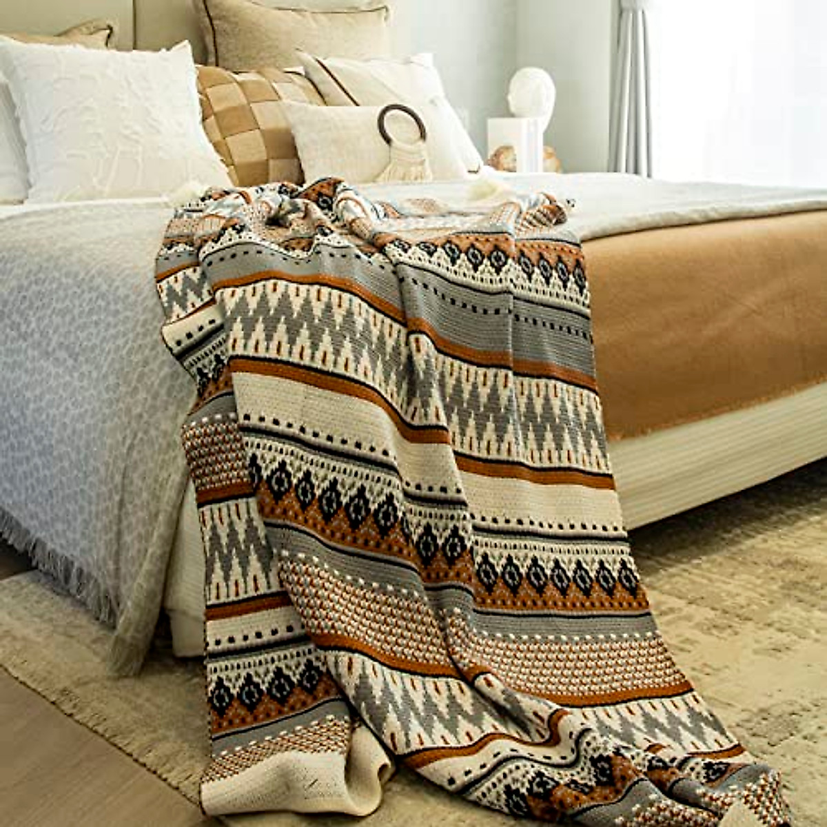 BlossoME Knit Blanket Throws 50”*66” Brown/All Season Boho Throws/Decorative Blanket Throws for Beds, Chairs, Sofas, Couch/Brown Thermal Throw Blankets for Gifts, Beige