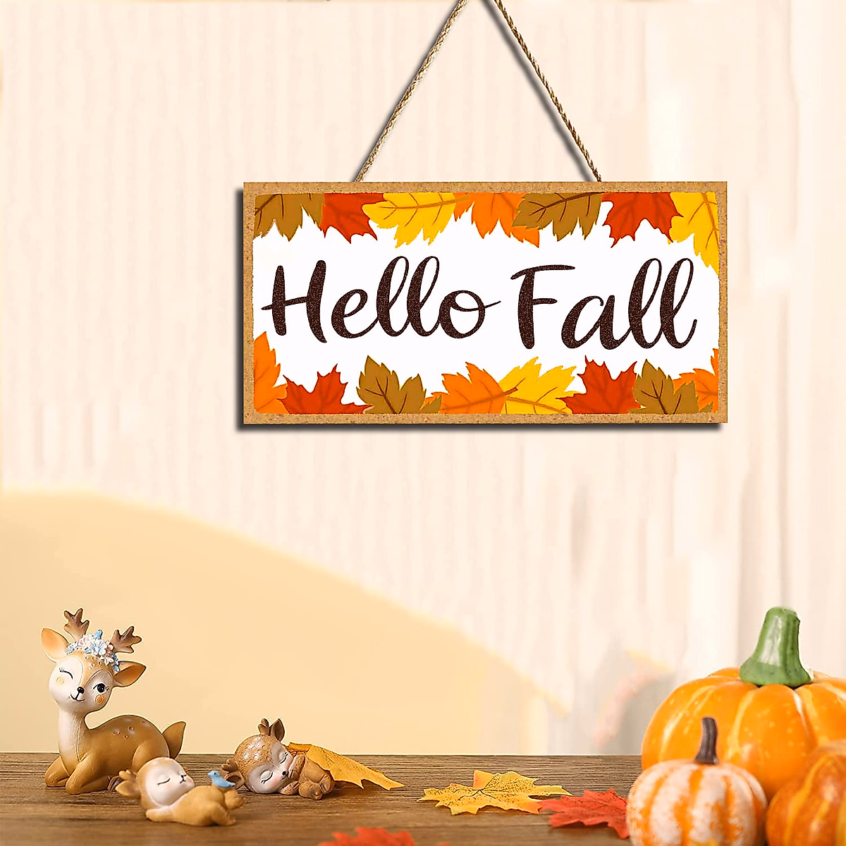 Hello Fall Sign Wall Decor 14" Autumn Harvest Thanksgiving Maple Leaf Sign Rustic Hanging Decorations in Home Art for Front Porch Door Plaque