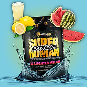 ALPHA LION Superhuman Extreme, Extreme Energy Pre-Workout Formula, Intense, Sustained Energy and Focus, Elevated Nitric Oxide, Maximum Pumps & Nutrient Delivery (21 Servings, Slaughtermelon)