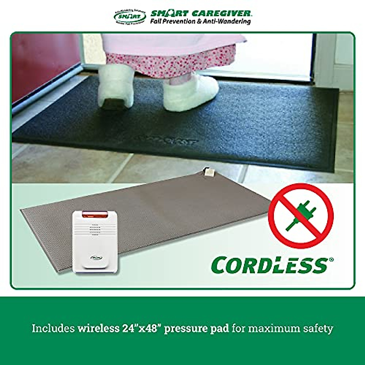 Smart Caregiver Cordless Floor Mat Pressure Pad with Economy Cordless Alarm (No Alarm in Patient's Room), Gray, 24” x 48”