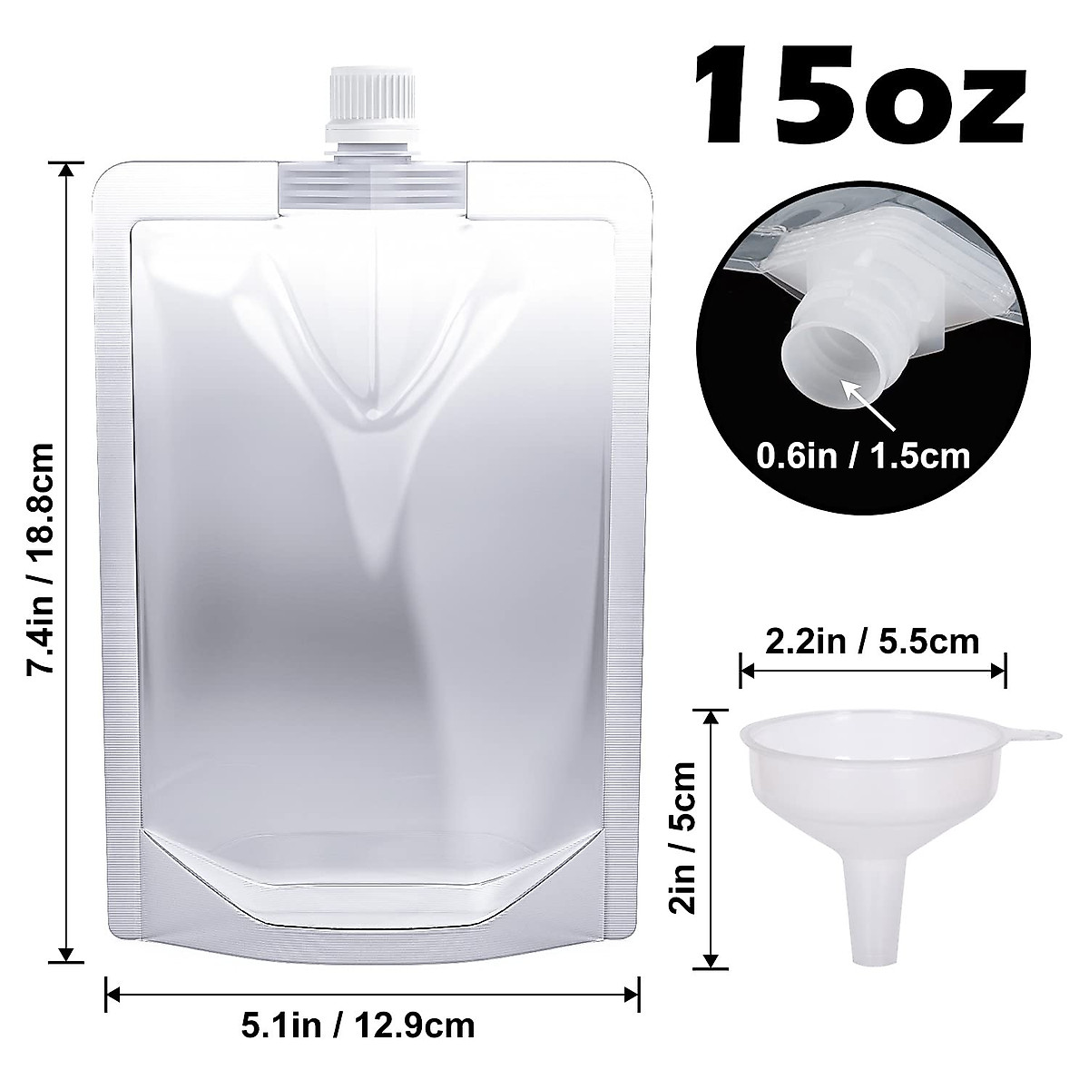 Keon Plastic Flasks - Concealable and Reusable Drink Bags, Leak-Proof, BPA-Free for Travel, Outdoor Sports, Concerts, Events (15OZ - 10PCS + 2 Funnels)