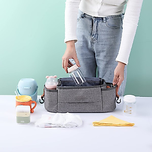 ASunine Large Space Stroller Organizer Bag, Universal Stroller Accessories Bag with 2 Cup Holders, Multiple Pockets for Bottle, Diaper, Phone, Toys, Baby Items