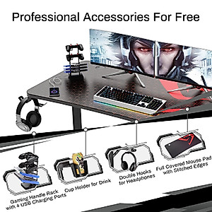 Eureka Ergonomic Gaming Desk, 47 inch Home Office Computer PC Gamer Desk Table with Full Mouse Pad Cup Holder, Headphone Hook and Handle Rack with USB Charging Ports, Black