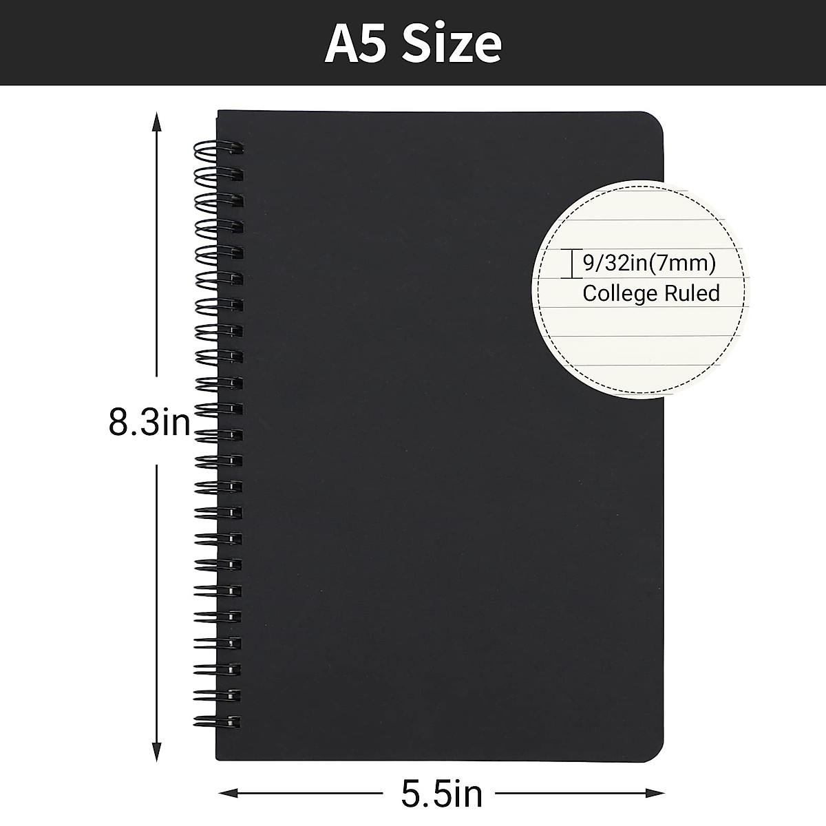 EUSOAR Spiral Notebook, A5 1pack 160 Pages 5.5"X8.3" Black College Ruled Hardcover Lined Travel Writing Subject Notebooks Journal, Memo Notepad Sketchbook, Students Office Business Diary Book Journal