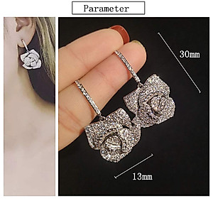 Huggie CZ Flower Dangle Stud Earrings for Women Girls with Charms Fashion Luxury Pave Rhinestone Filigree Camellia Rose Dainty Crystal Drop Dangling Wedding Prom Jewelry Dainty Gifts Valentine Mother's Day (Clear)