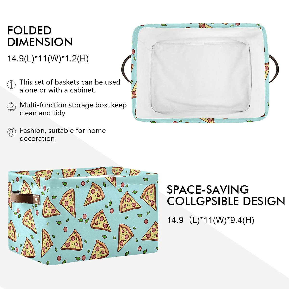KEEPREAL Doodle Pizza Storage Baskets,Decorative Collapsible Rectangular Canvas Fabric Storage Bin for Home,2 Pack