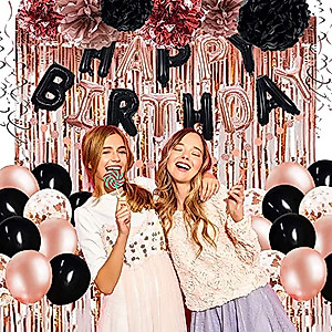 Black Rose Gold Birthday Party Decorations for Women Girls, 78 Pack Black Rose Gold Confetti Balloons, Curtains, Paper Flowers, Hanging Swirl and Circle Dot Garland for Girl Women