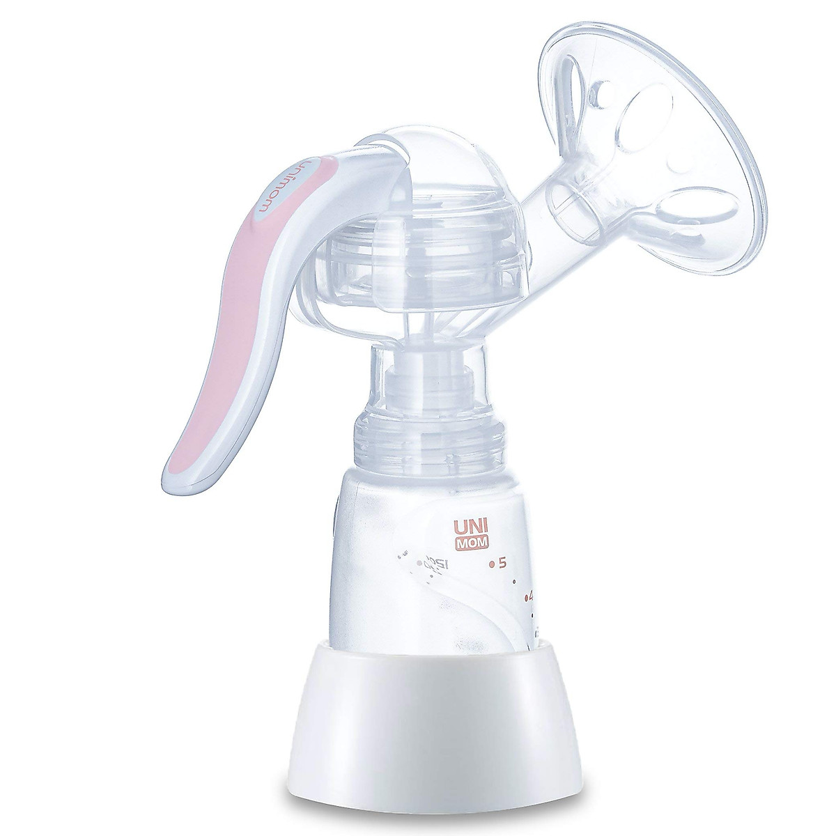 Unimom Manual Breast Pump with Soft Silicone Massaging Breast Shield – Ergonomic Rubber Handle - Includes Bottle and Stand - BPA Free – by Unimom