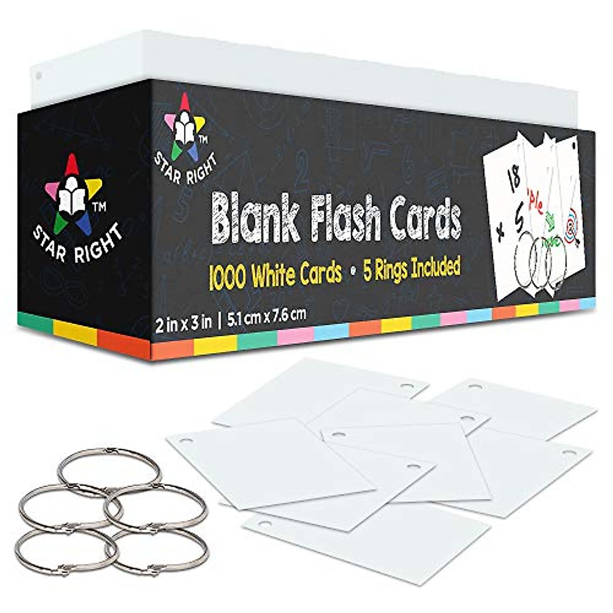 Blank Flash Cards for Studying - 2" x 3" Blank Index Notecards - 1000 Pre Hole Punched White Index Cards with Metal Binder Rings - Blank Flashcards for GMT Prep, Math, and Language