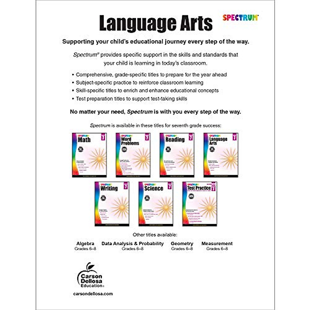 Spectrum Grade 7 Language Arts Workbooks, Ages 12 to 13, Language Arts Grade 7, Vocabulary, Sentence Types, Parts of Speech, Writing Practice, and Grammar Workbook - 160 Pages