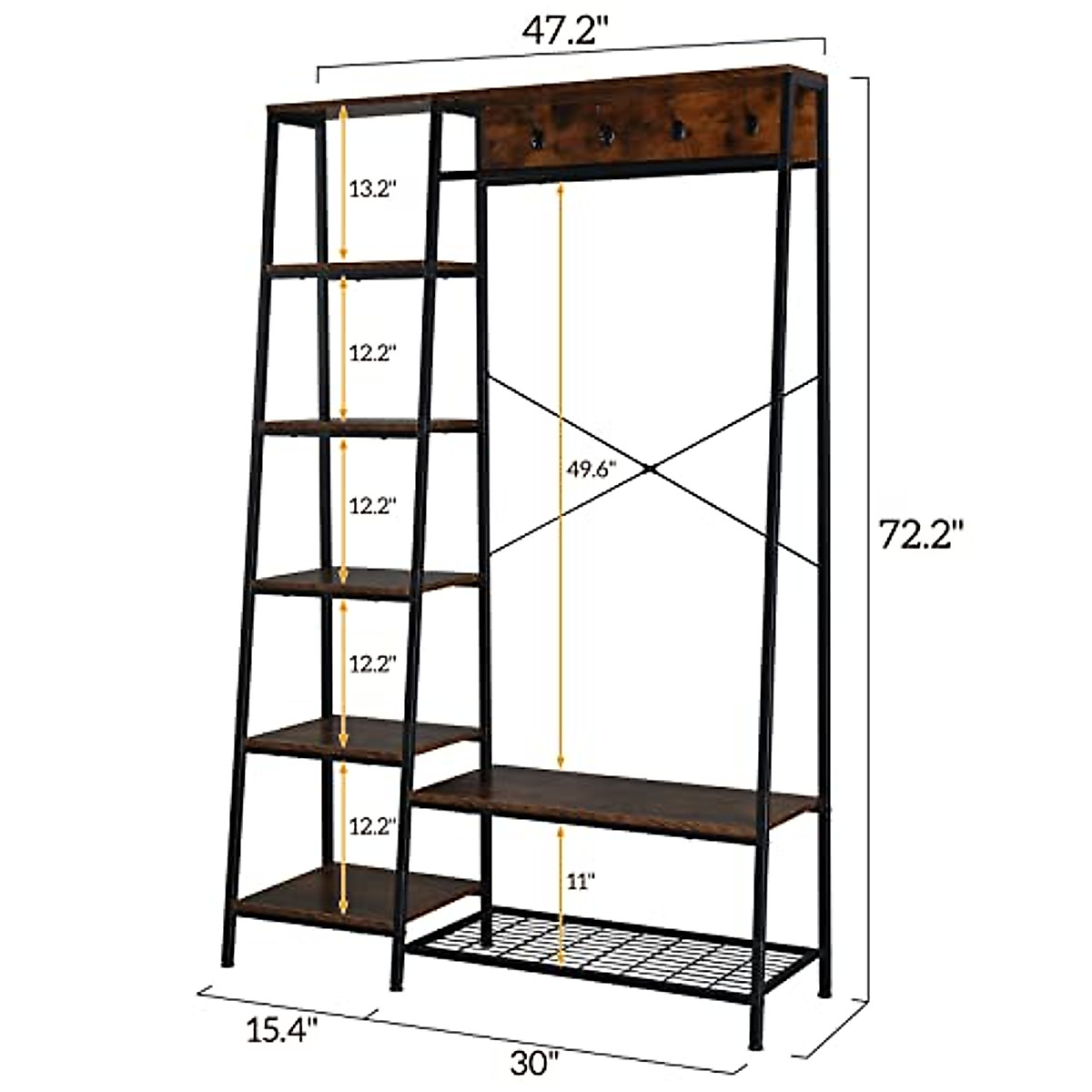 Kcelarec Clothing Rack with Hooks, Clothes Rack with Storage Shelves, Freestanding Clothing Rack, Garment Rack, Standing Metal Sturdy Clothing Rack, Small Space Storage Solution (Style 1)