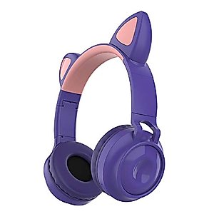 Asmi Bluetooth Headphones, Wireless Cat Ear Headphones LED Light Up Wireless Headphones Over Ear, Foldable & Lightweight Stereo Wireless Headset for Travel Work TV PC Cellphone (Purple)