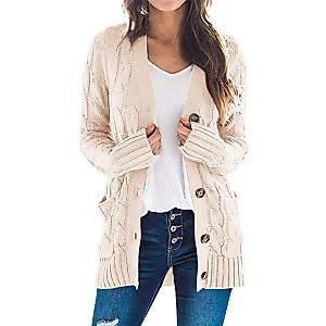 PRETTYGARDEN Women's Open Front Cardigan Sweaters Fashion Button Down Cable Knit Chunky Outwear Coats (Beige,Small)
