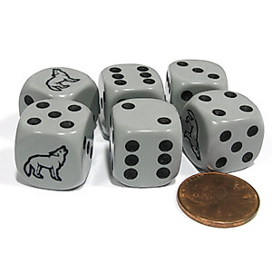 Set of 6 Wolf 16mm D6 Round Edge Koplow Animal Dice Gray with Black Pips