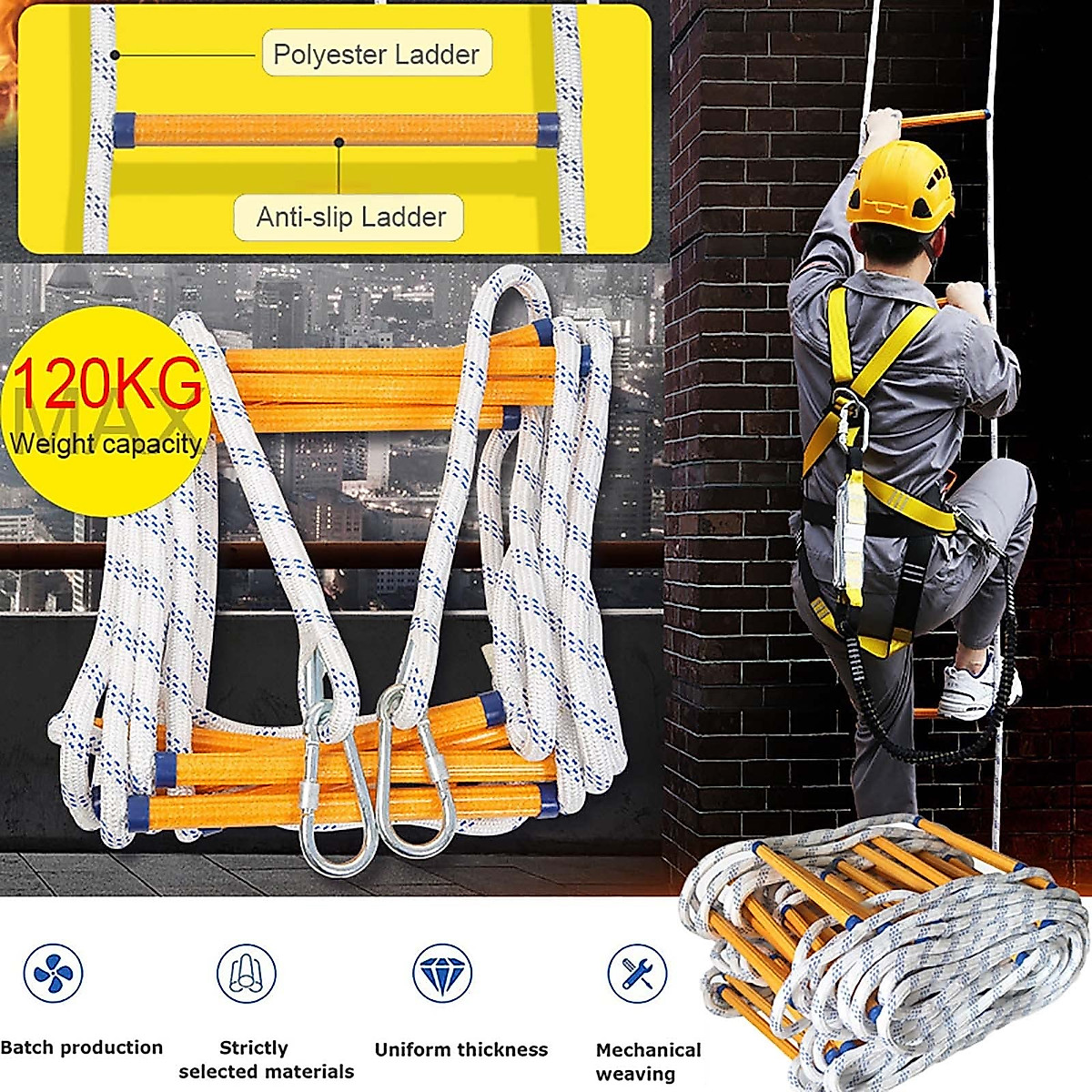 QCLUEU Emergency Fire Escape Ladder Flame Resistant Safety Extension Rope Ladder with 3 Hooks, 2-3 Story Homes Reusable Compact & Portable External Ladder (Size : 10FT/3M)