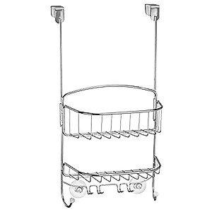 mDesign Steel Over Door Hanging Shower Caddy Storage Organizer with 2 Baskets, 6 Hooks - Shelf Rack for Bathroom - Holds Shampoo, Conditioner, Soap, Towel, Sponge - Draper Collection - Chrome/White