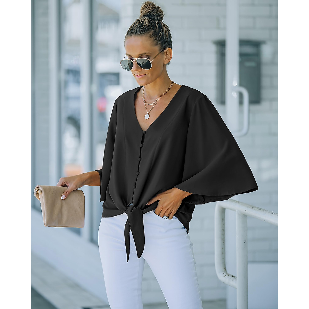 luvamia Women's V Neck Tops Ruffle 3/4 Sleeve Tie Knot Blouses Button Down Shirts, Black Button Down Size XL