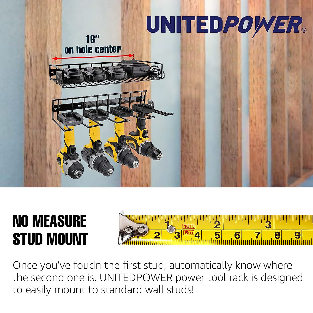 UNITEDPOWER Wall Mounted Power Tool Organizer Holder, Heavy Duty Utility Storage Rack for Battery Powered Hand Tools, Cordless Drill Rack and Tool Shelf Compact Design, Drill Rack With Tool Shelf