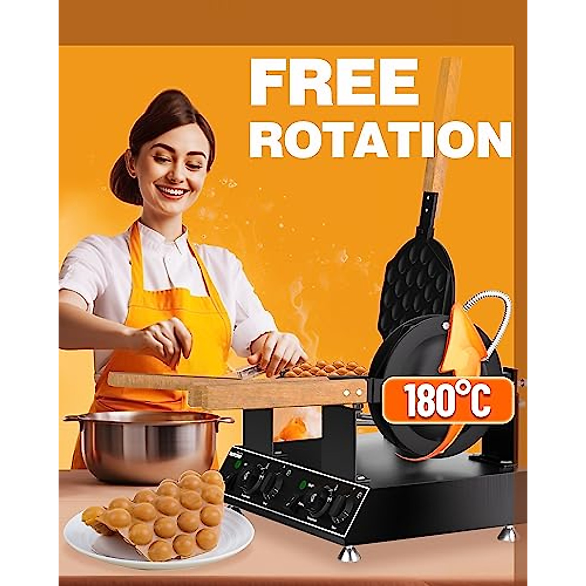 PYY Double Bubble Waffle Maker Commercial Waffle Maker Non-stick Hong Kong Egg Waffle Maker for Home Use Stainless Steel Pancake Maker 180° rotate, 1500W 110V Electric Cone Maker 50-250℃/122-482℉